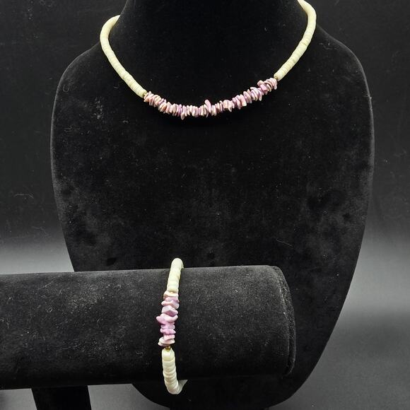 Unknown | Jewelry | Vintage Puka Shell Necklace Bracelet Set Purple ...